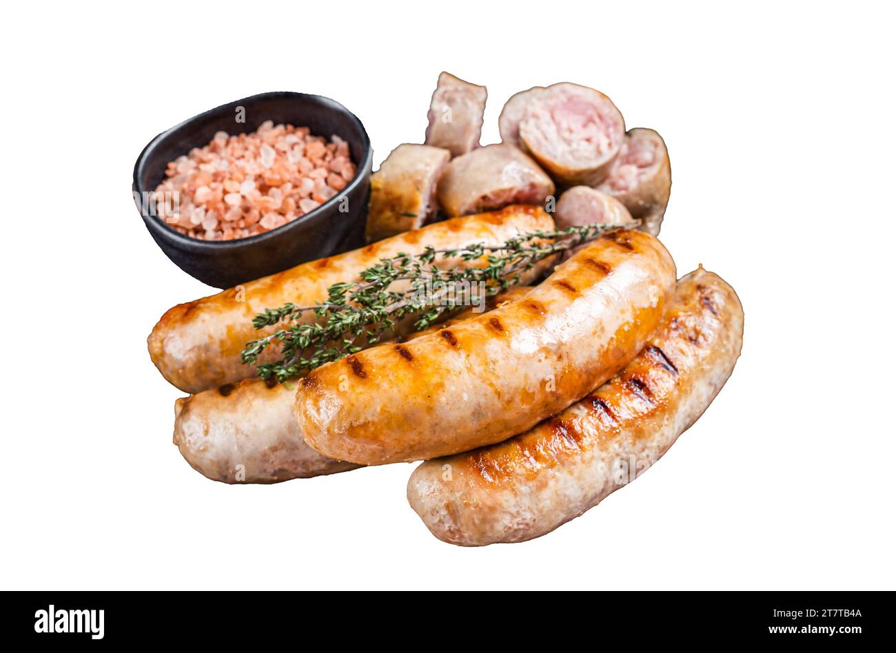 Roasted Bratwurst and Bockwurst pork meat sausages in a plate. Isolated ...