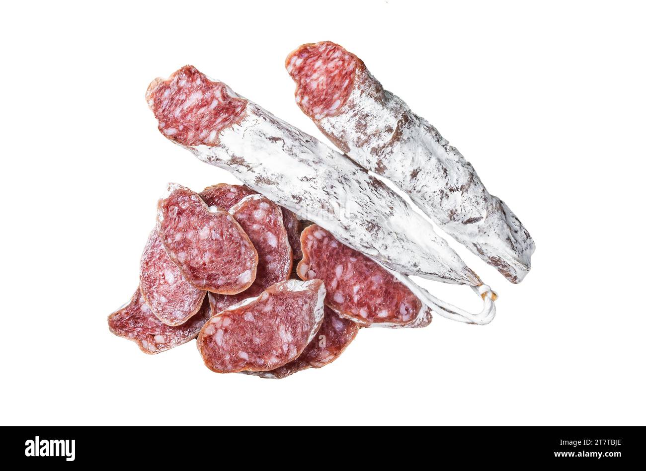 Spanish dry salami sausage Fuet on wooden cutting board. Isolated ...