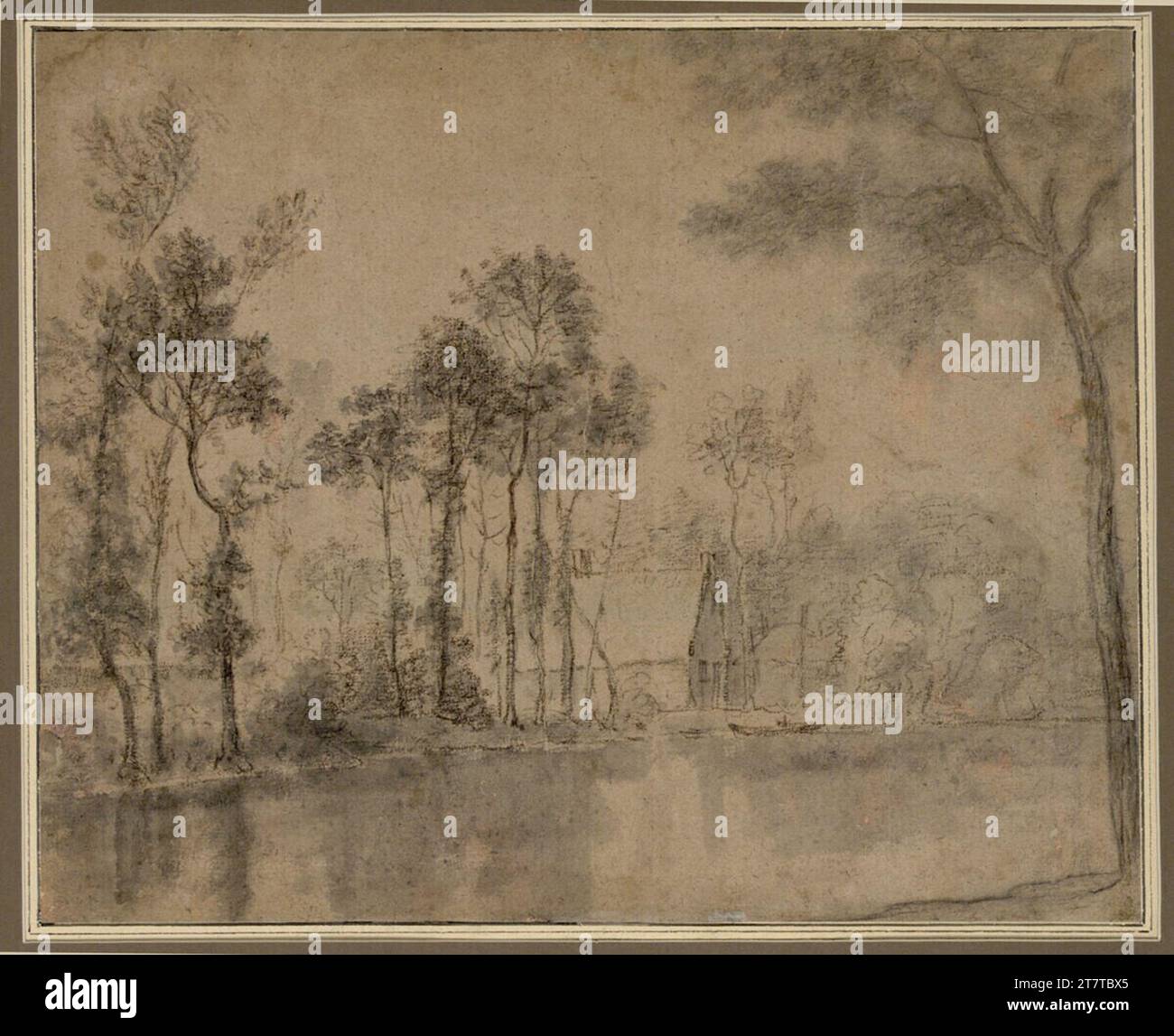 David Teniers d. J. River bank with high trees. Black chalk, wiped ...