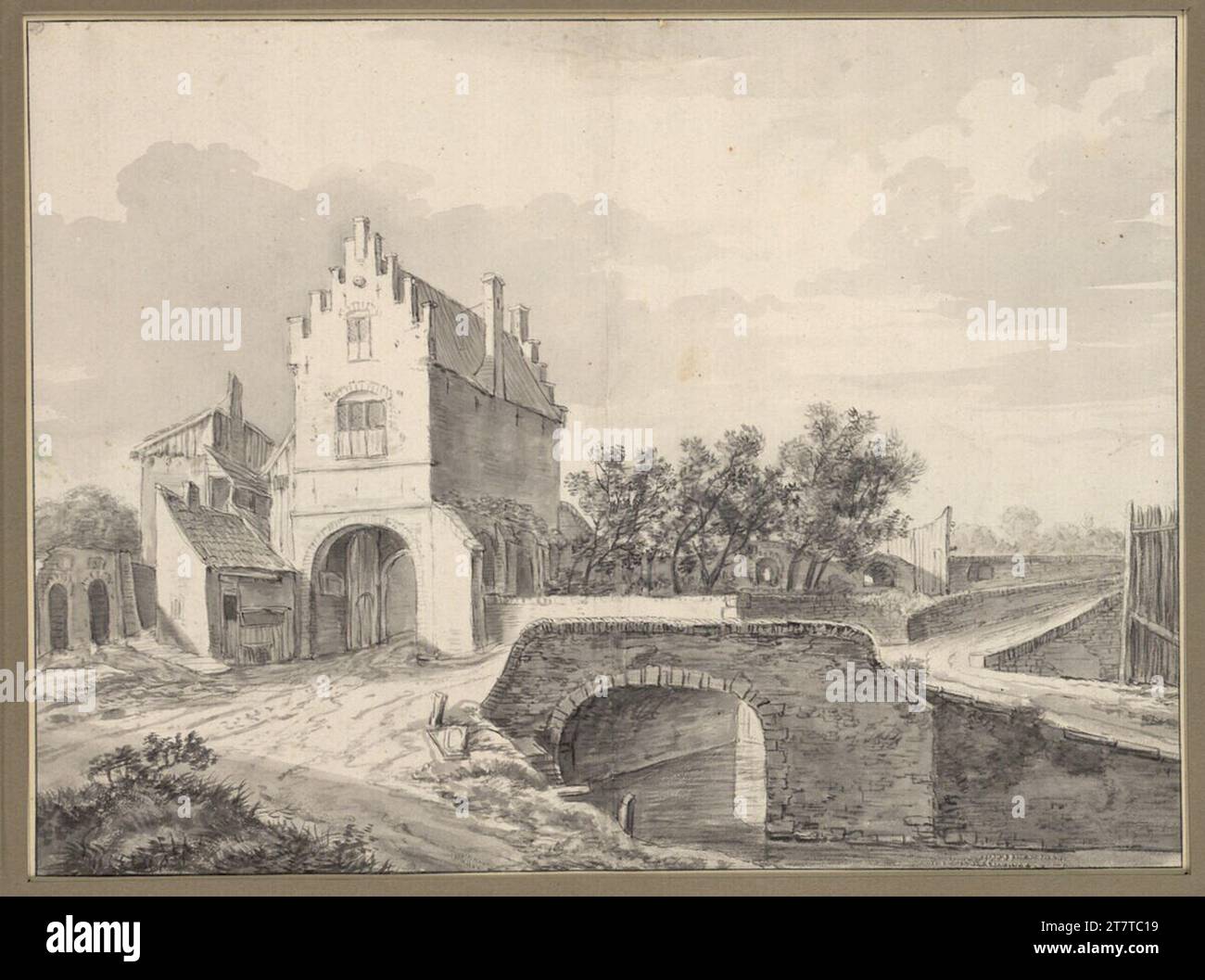 Anthonie Waterloo Bridge and gate house on the inside of a city wall ...