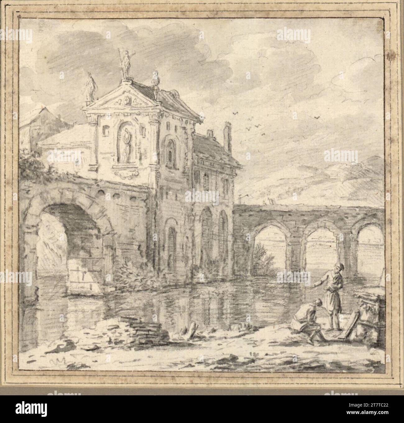 Thomas Wyck View of the chapel of a water lock . Black chalk, brush in ...