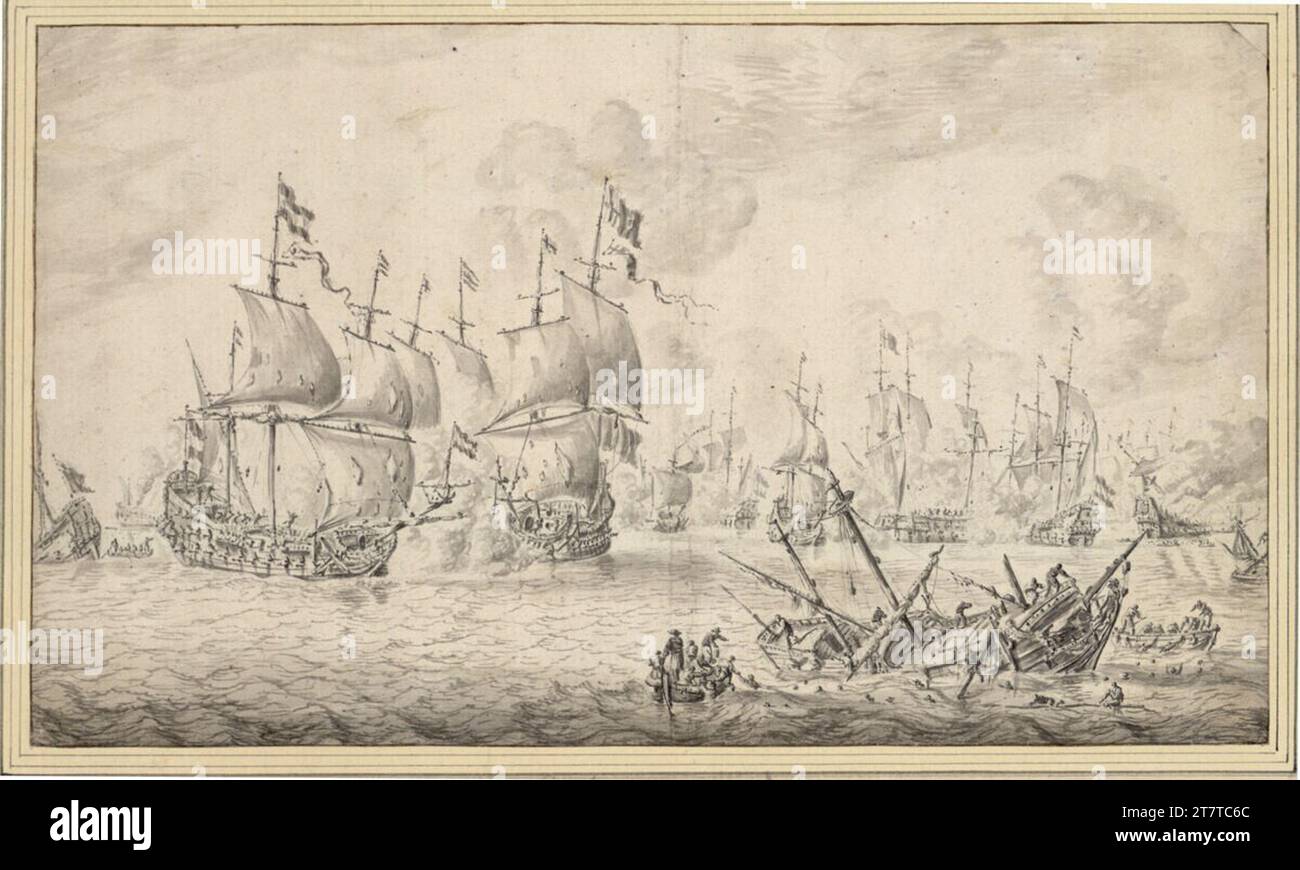 Reinier Nooms Sea battle with a falling ship. Brush (and feather?) In ...