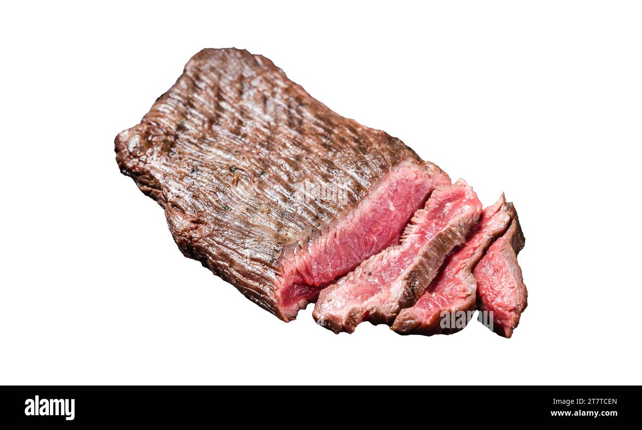 Grilled Flap or Flank Steak, sliced on a plate. Isolated, white ...