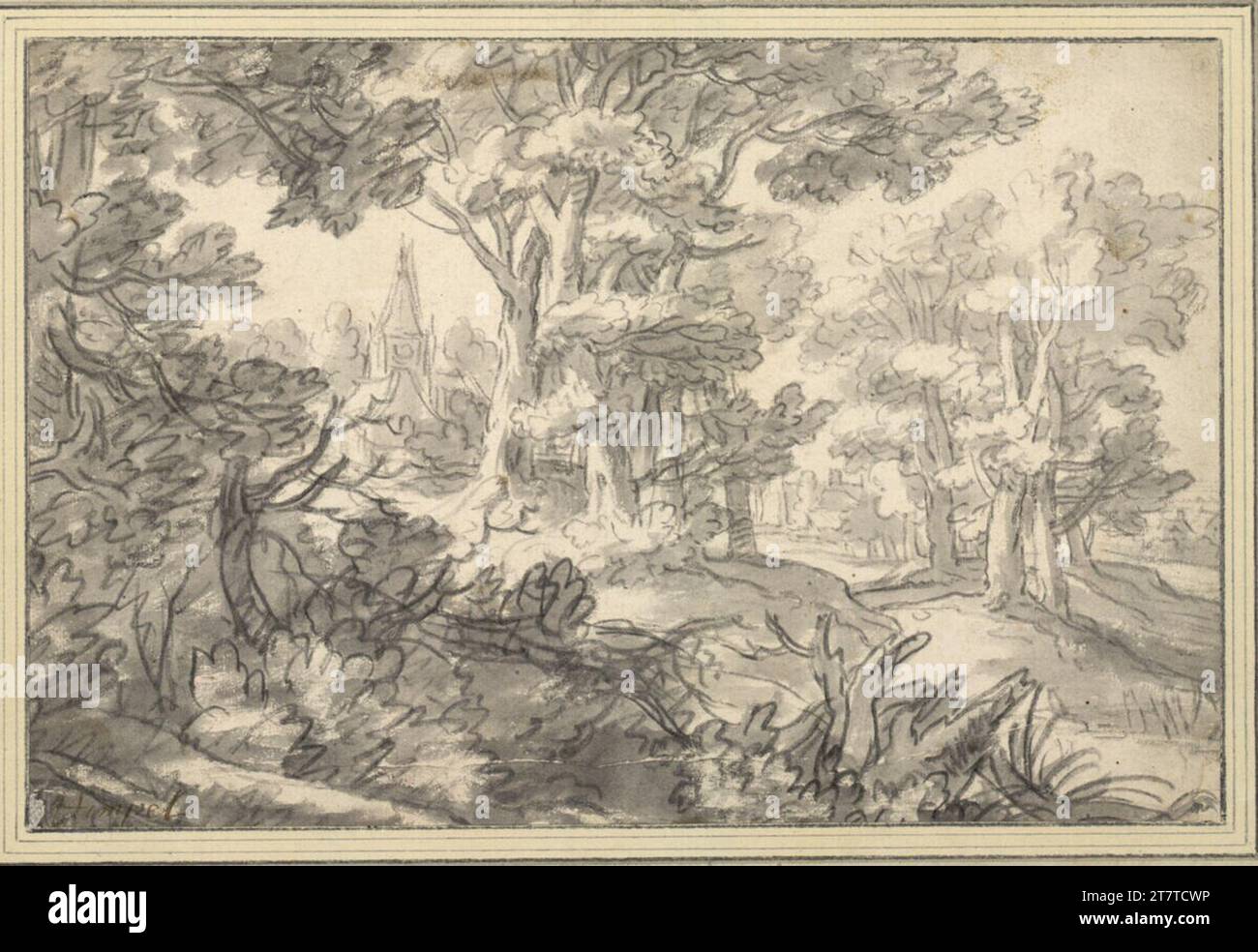 Arnout ter Himpel Waldrand with a view of a village church. Black chalk ...