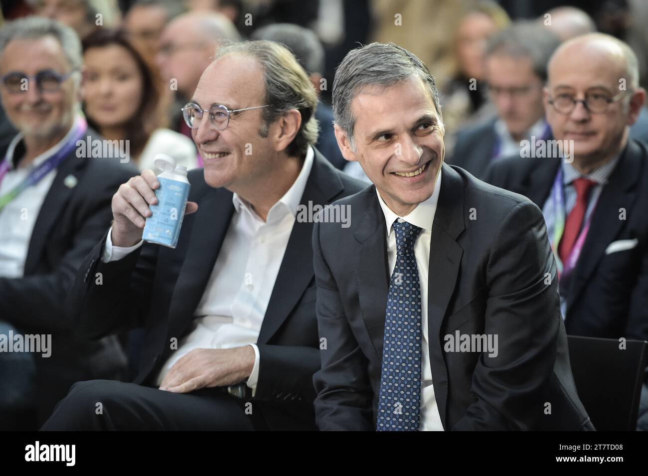 Paris, France. 17th Nov, 2023. CEO of CMA CGM Rodolphe Saade (C) look ...