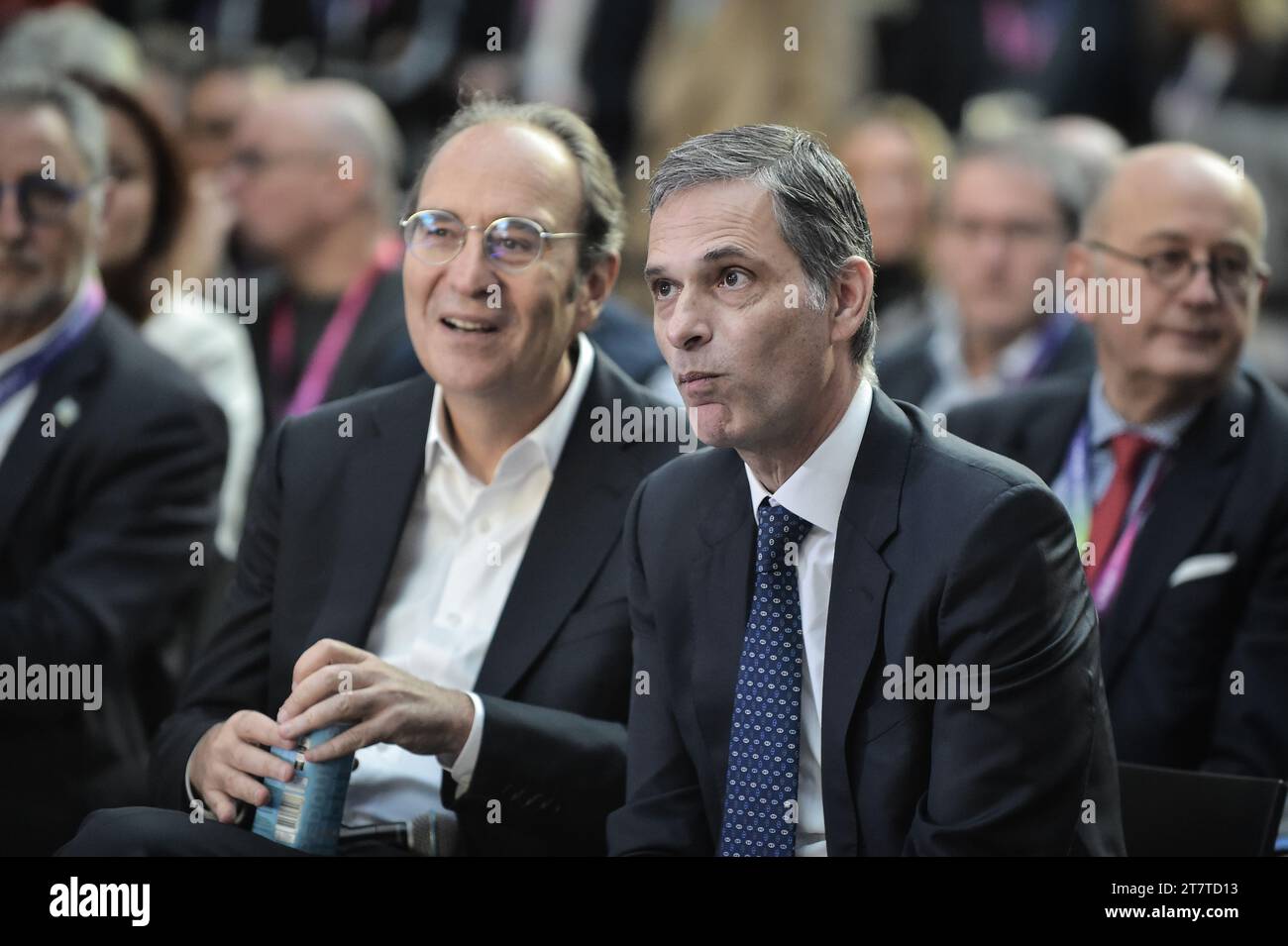 Paris, France. 17th Nov, 2023. CEO of CMA CGM Rodolphe Saade (C) look ...