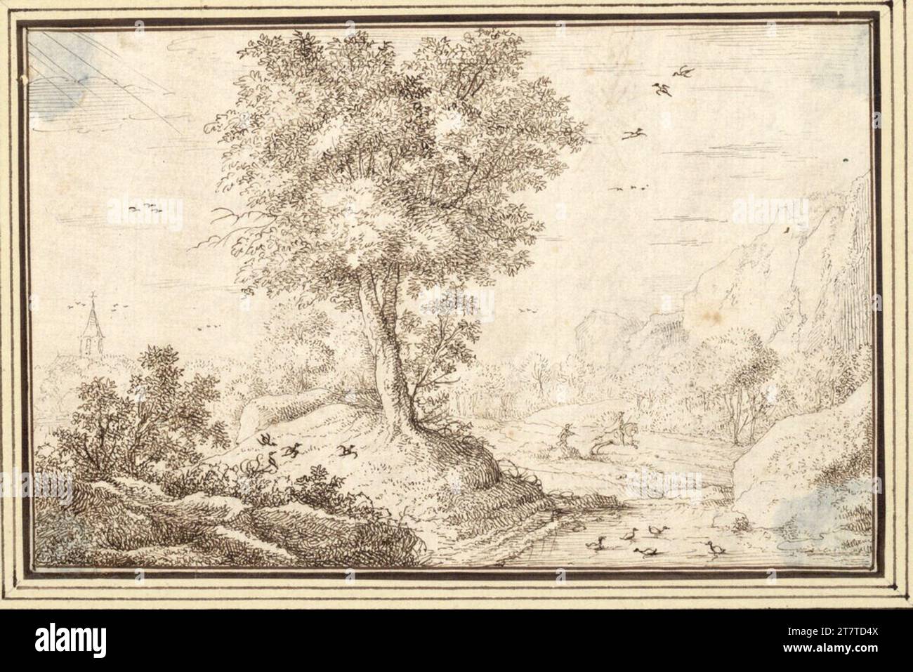 Albert Flamen Tree-rich landscape with stream, further back a rider (I ...