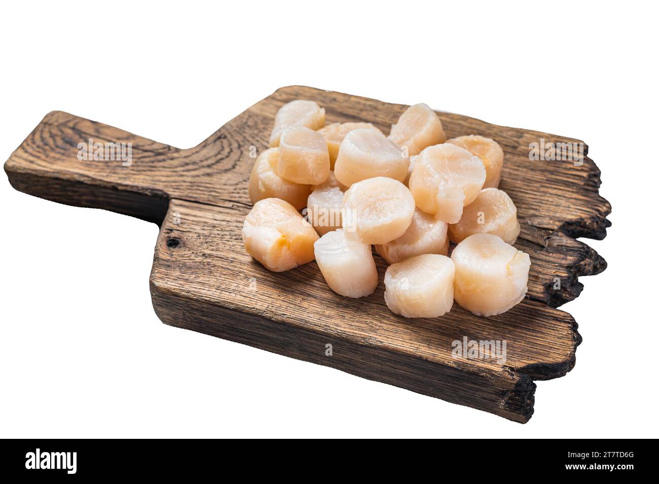 Raw scallops on a wooden board. Isolated, white background Stock Photo - Alamy