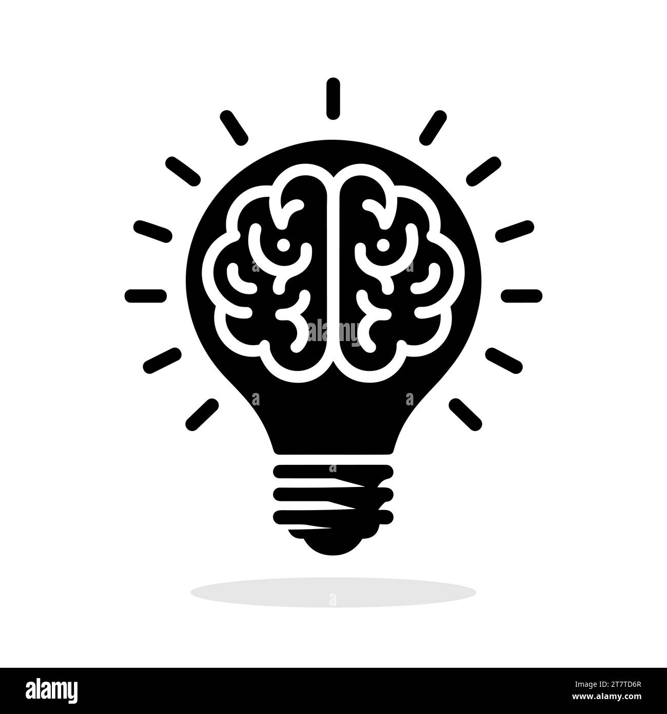 Brain in light bulb silhouette with rays on white background. Symbol of ...