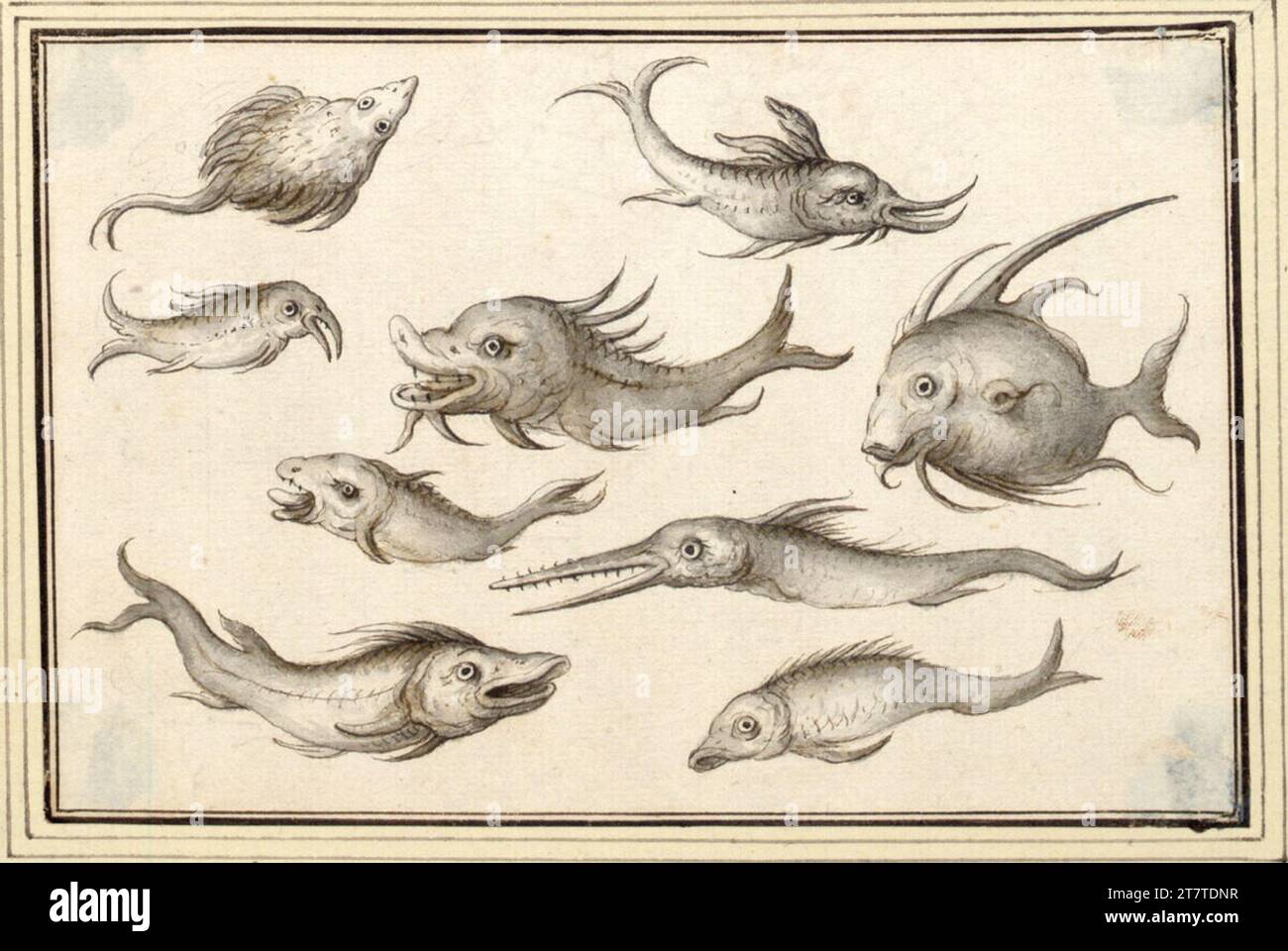 Albert Flamen Study sheet with nine sea fishing, a ray at the top left ...