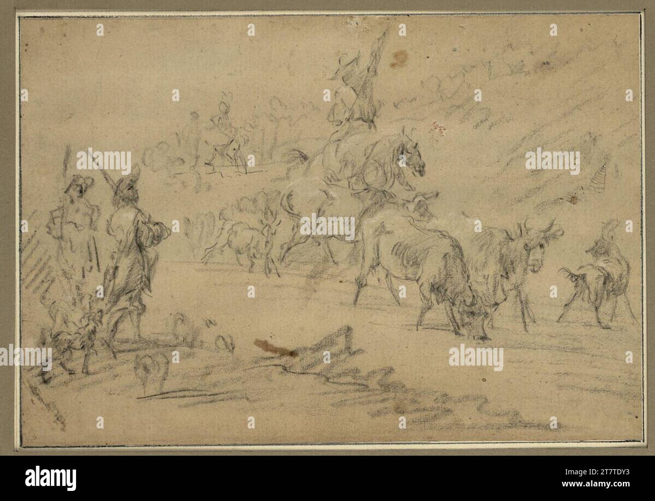 Nicolaes Pietersz. Berchem Sketch with cattle herds, riders and hunters ...