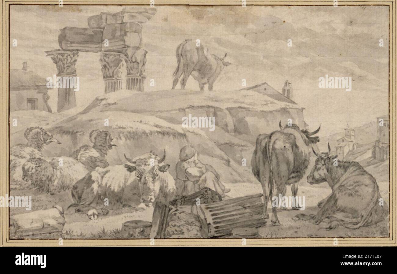 Willem Romeijn Small herd of cattle with a sitting shepherdess in front ...