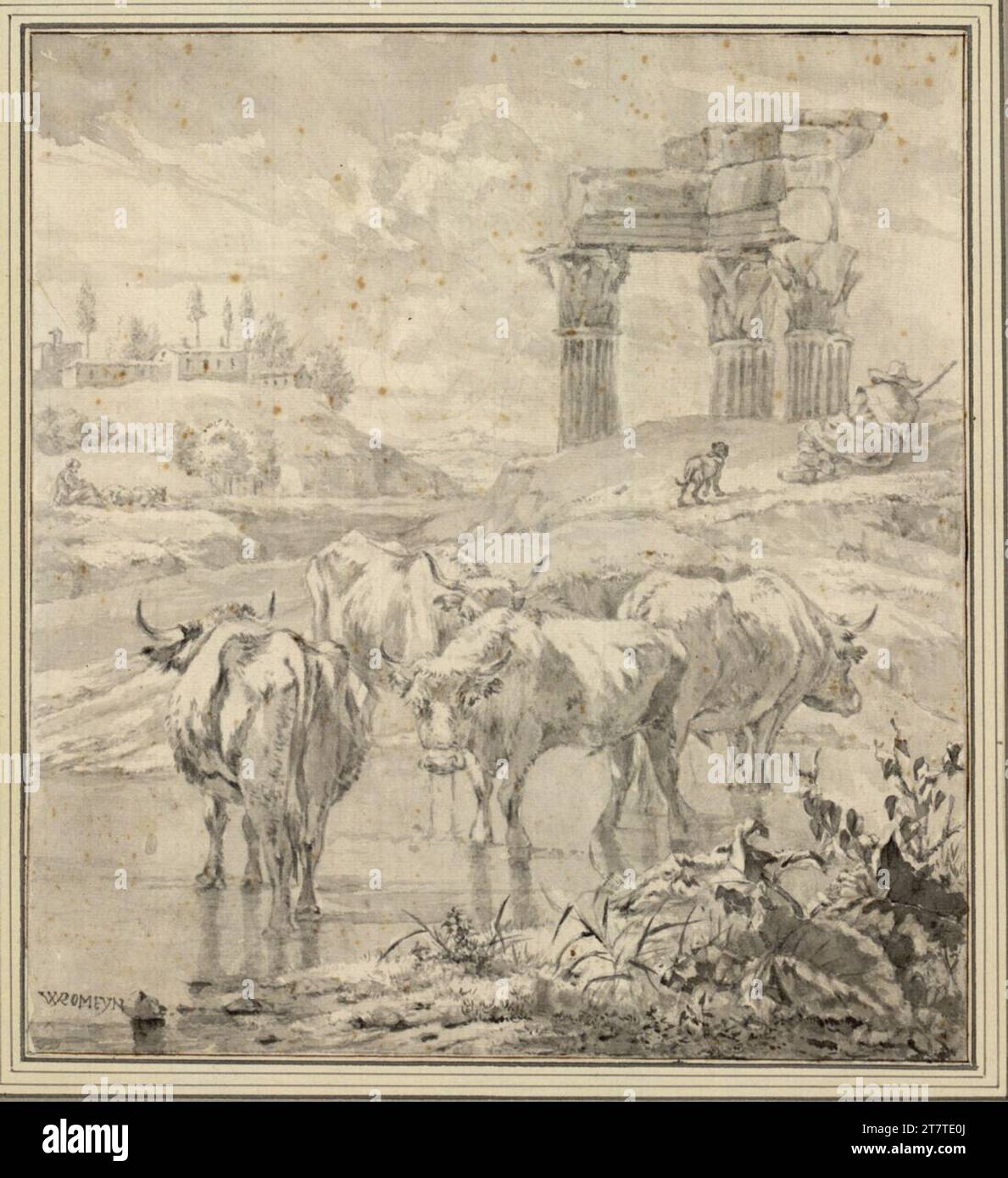 Willem Romeijn Small herd of cattle, standing in the water, a temple ...