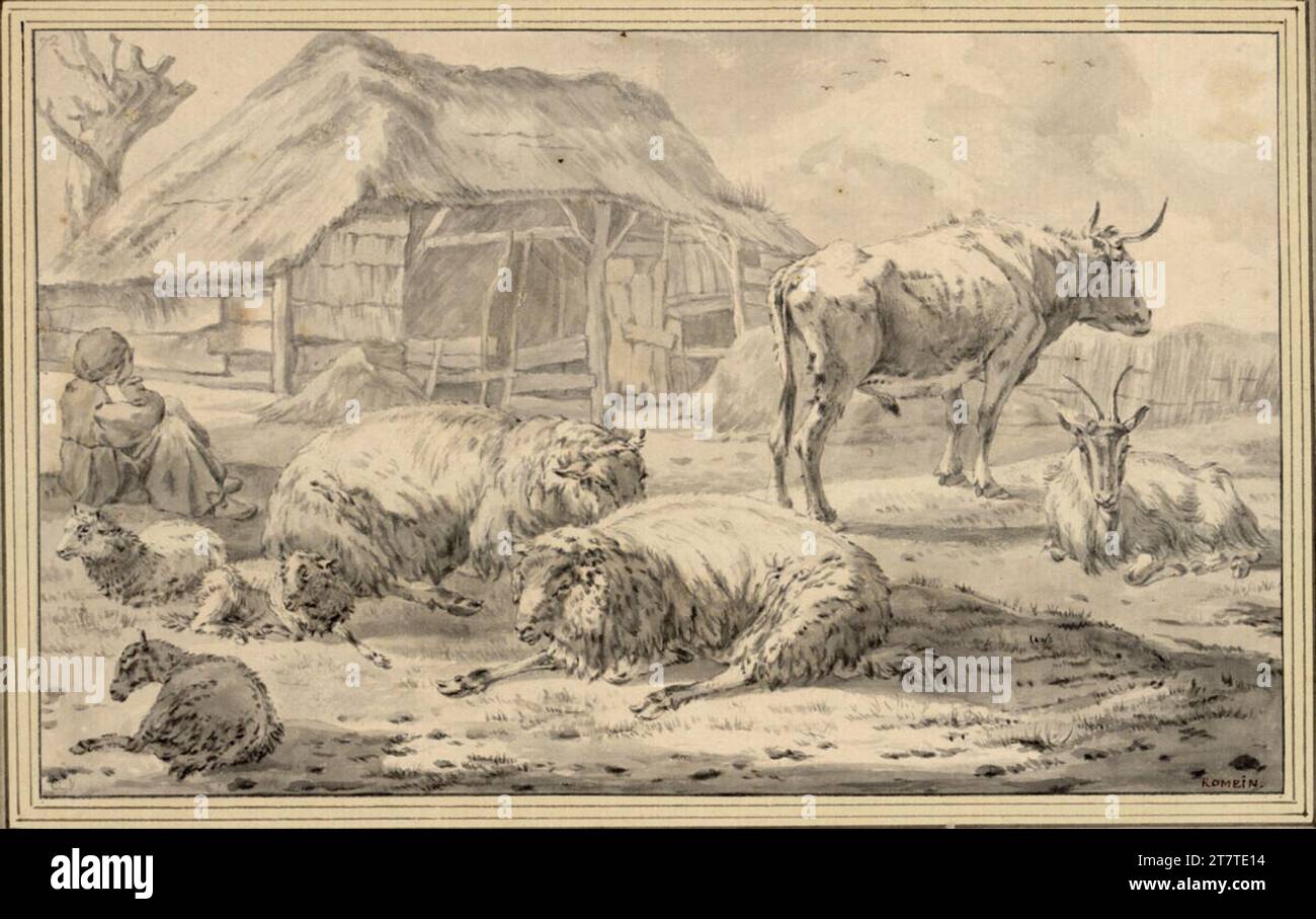 Willem Romeijn Small herd of cattle with a sitting shepherdess, in ...