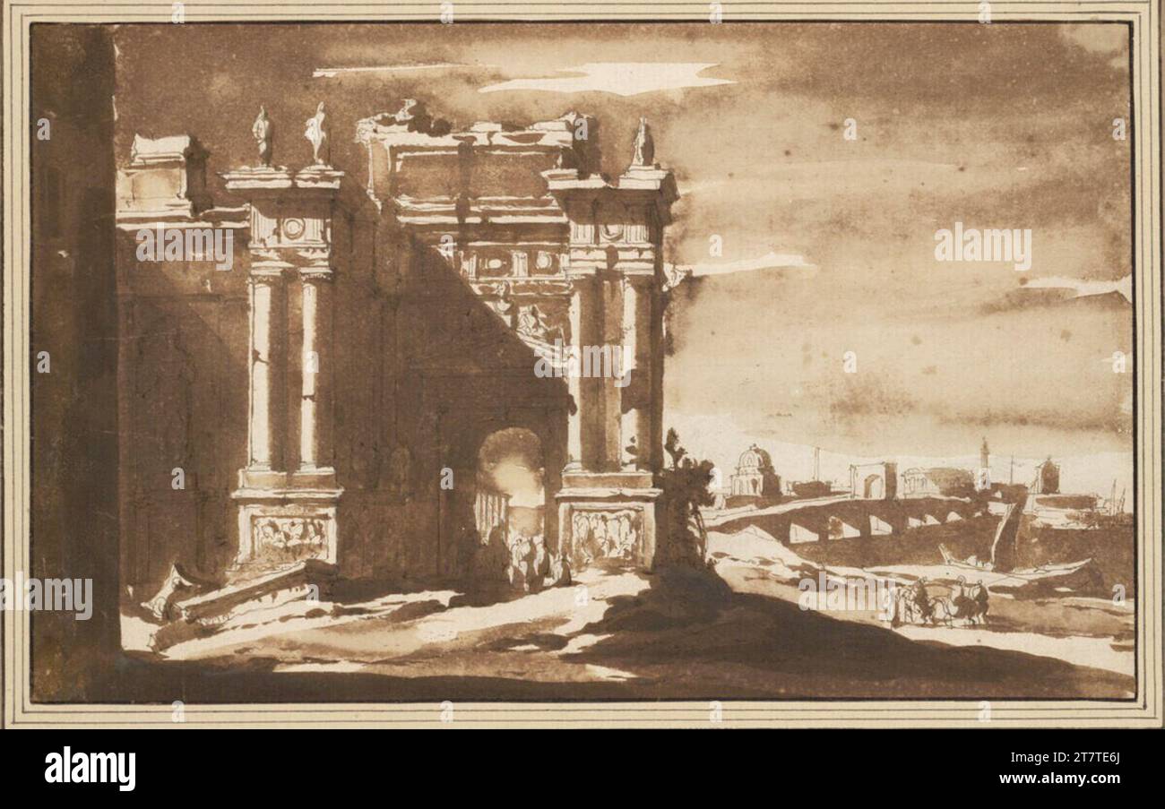 Jacob van der Ulft Ruin of a Roman triumphal arch, a large bridge in ...