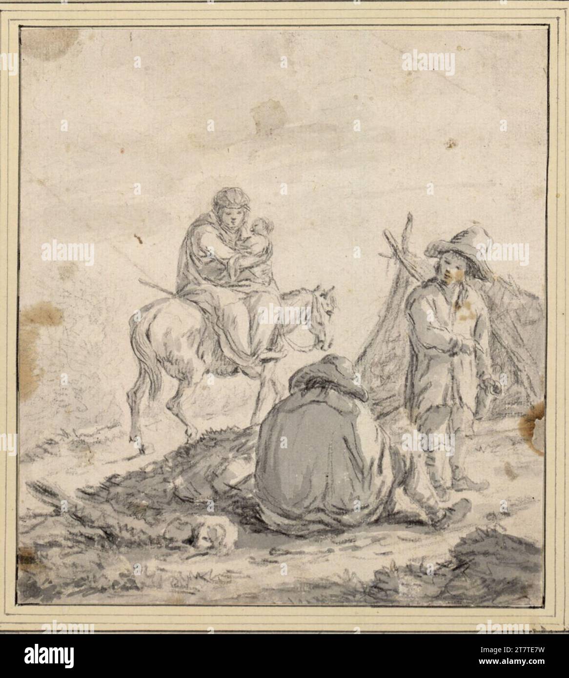 Hendrick Verschuring Two men and a mule rider with a child, in front of ...