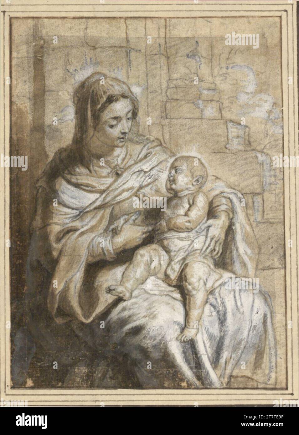 Jan Erasmus Quellinus Maria with a child, sitting in front of a wall ...