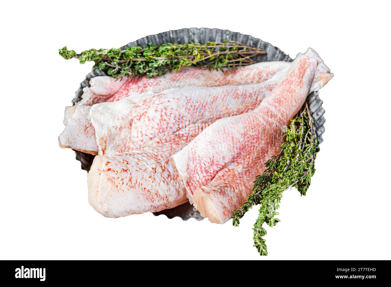 Raw ocean red perch fillet, Snapper fish with herbs. Isolated, white ...