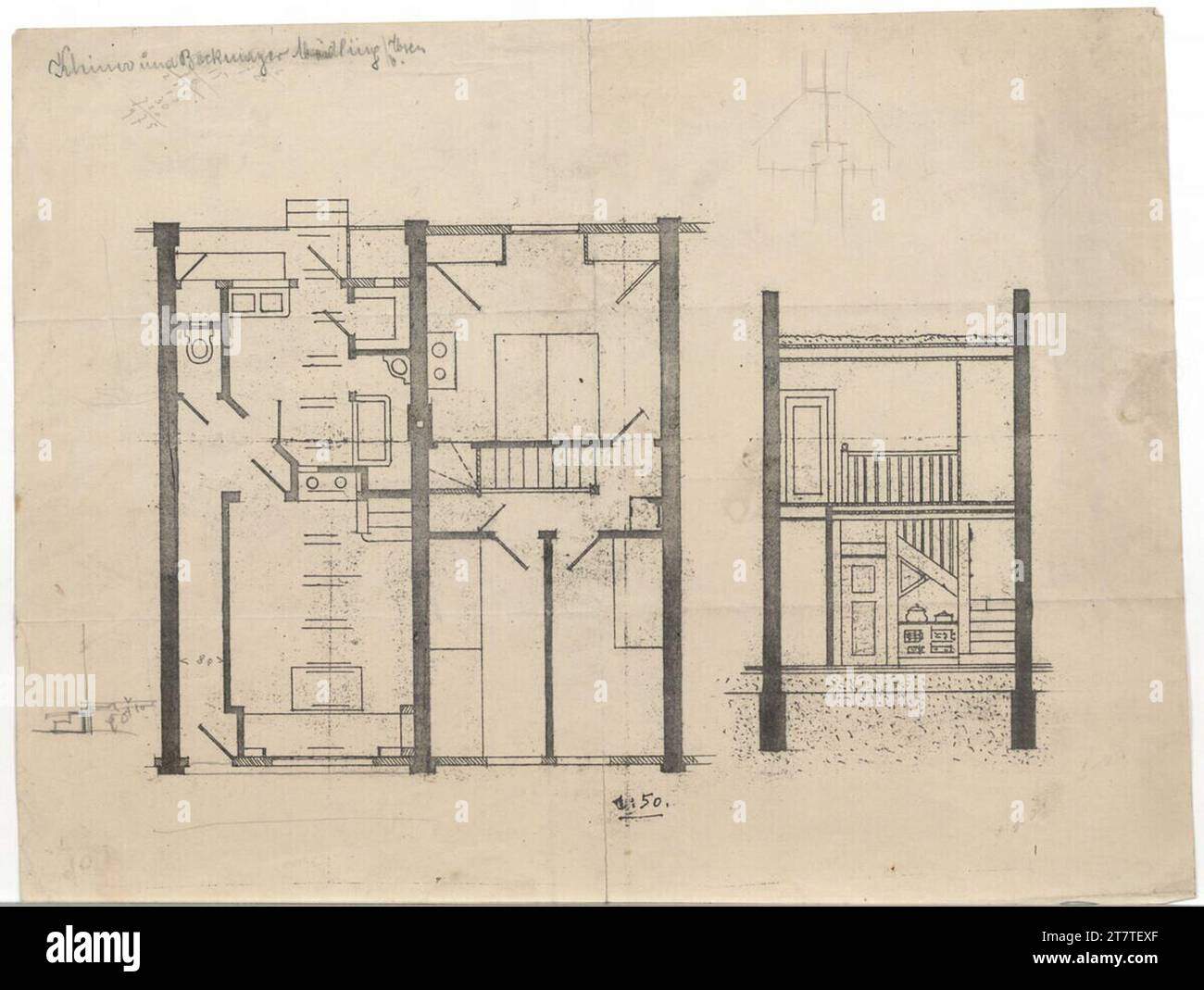 Adolf Loos (Entwerfer in) Settlement houses, Vienna, row house, 4m type, floor plan, cut and ...