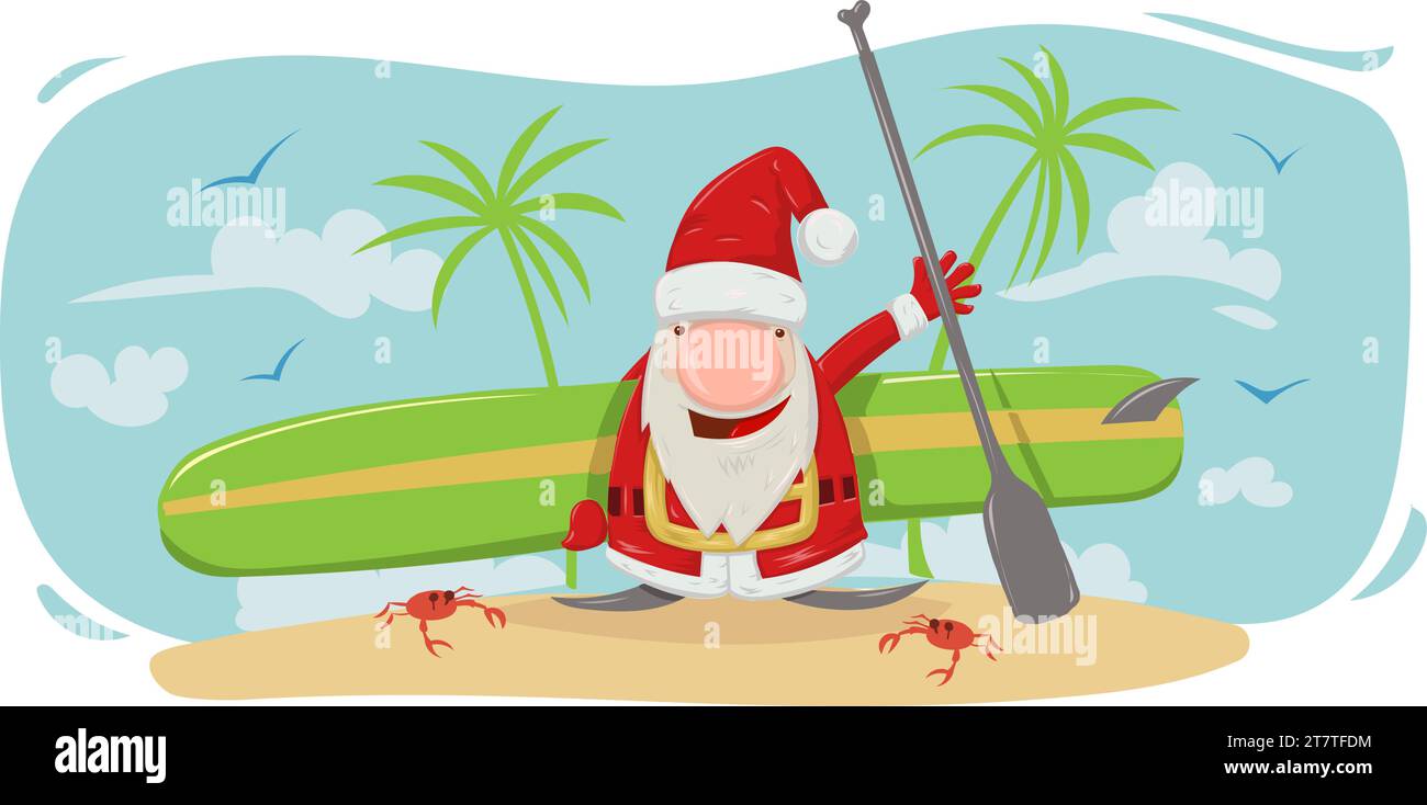 santa claus with stand up paddle cartoon on summer background . vector ...