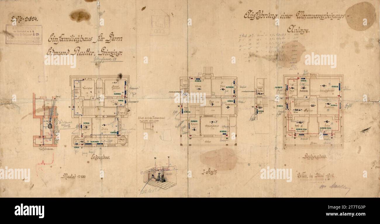 unbekannt (Entwerfer in) House Reutter, floor plans, cut for heating ...