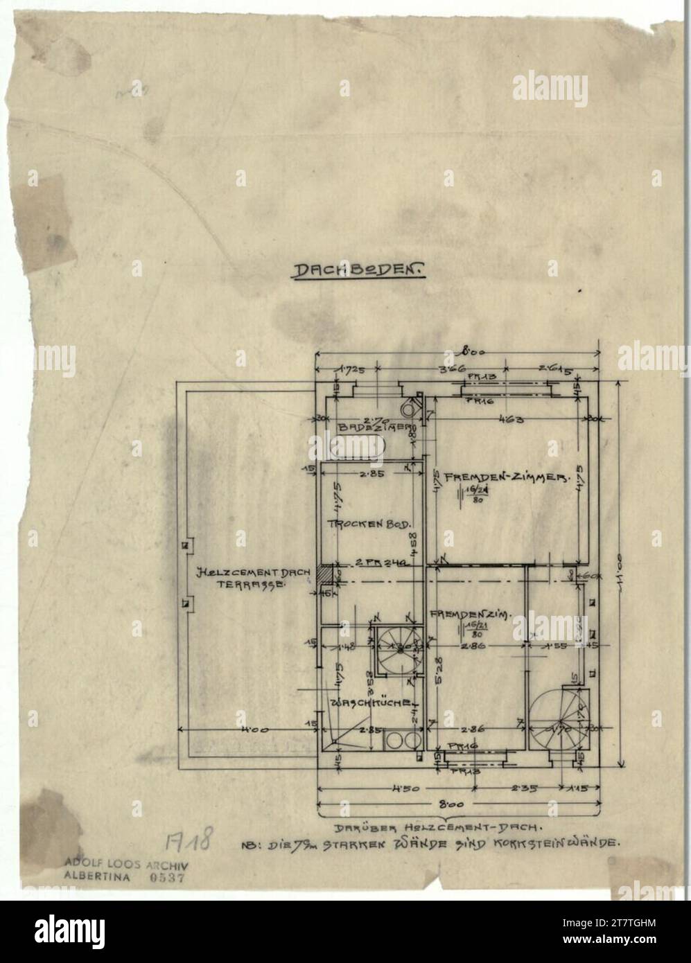 Adolf Loos (Entwerfer in) House shy, floor plan, attic. Transparent ...