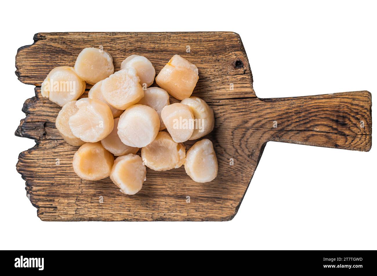 Raw scallops on a wooden board. Isolated, white background Stock Photo - Alamy