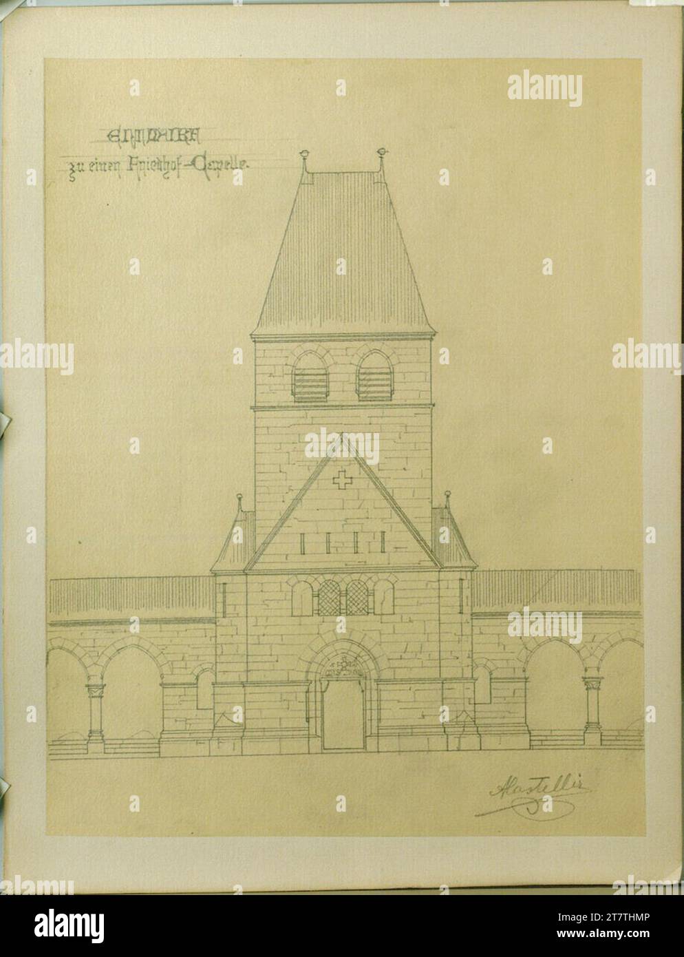 Alfred Castelliz Draft to a cemetery chapel, front view, open. Paper ...