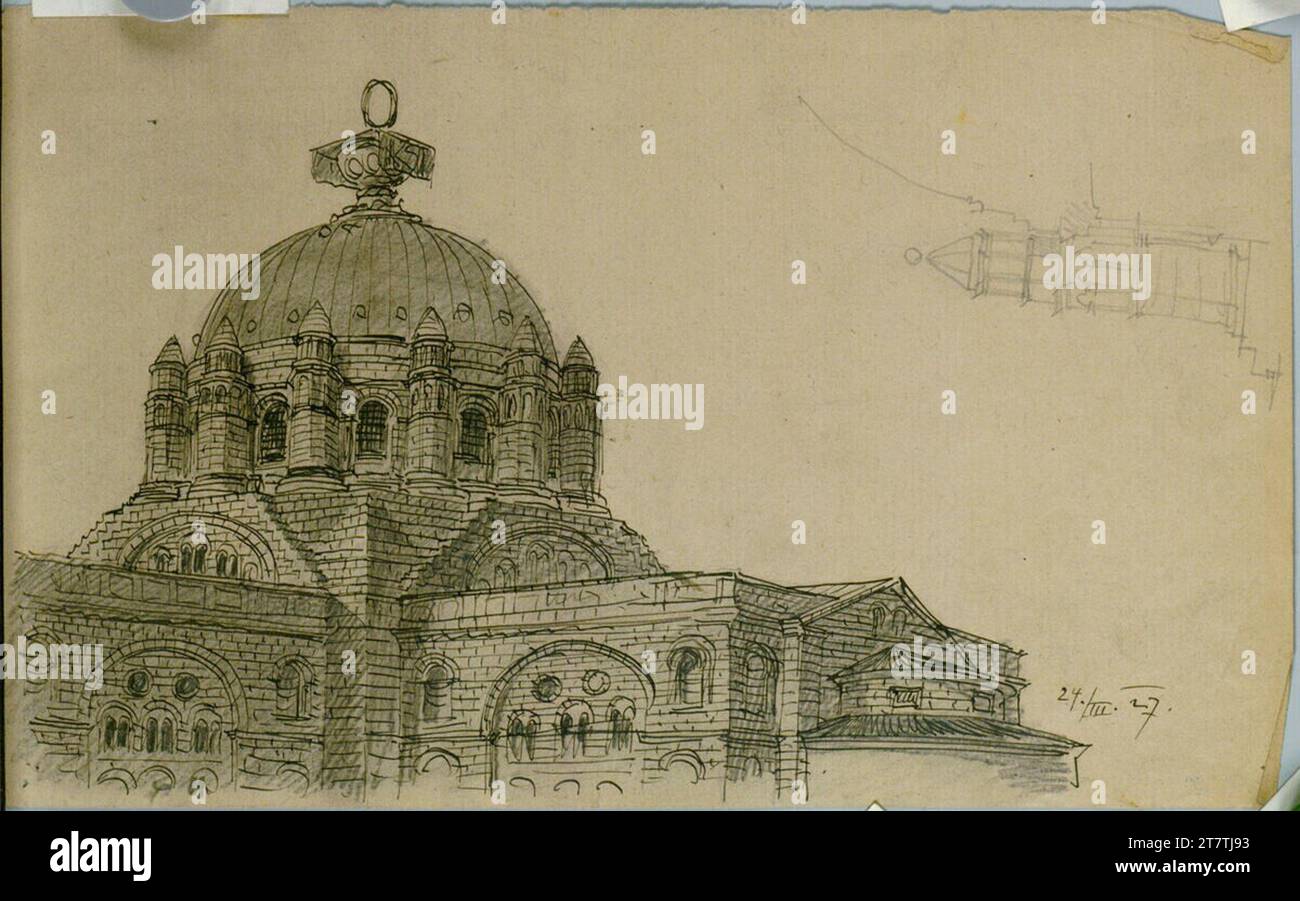 Alfred Castelliz (Zeichner in) Design of a Byzantine dome church and tower sketch, on the go ...