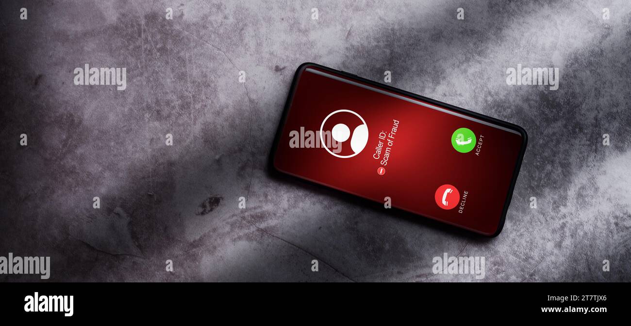 Banner top view photo of smartphone receiving an unwanted call. Spam ...