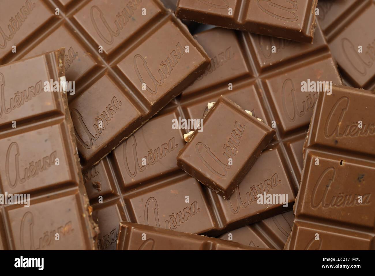 KHARKIV, UKRAINE - JANUARY 27, 2021 Alyonka chocolate square bars ...