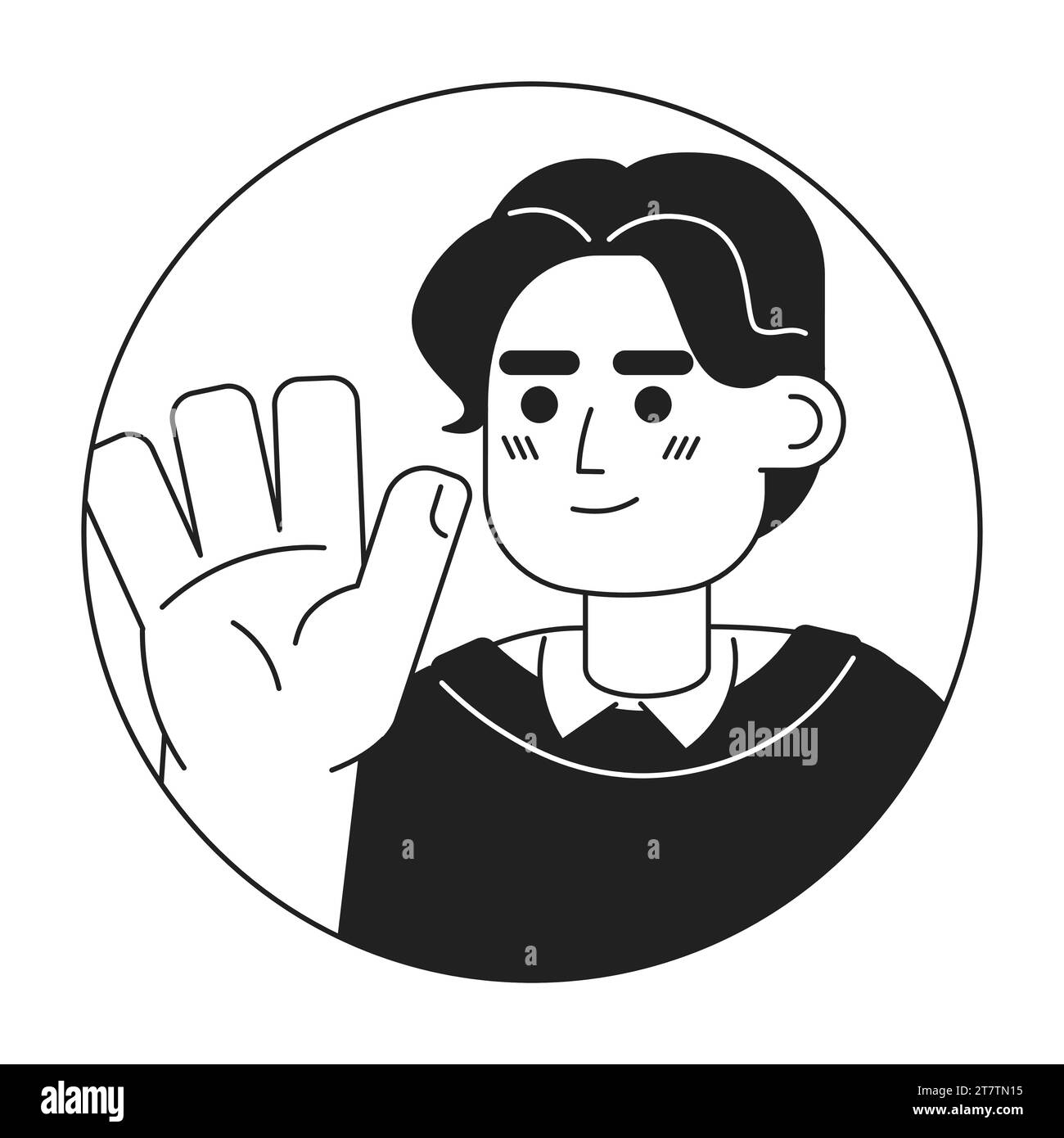 Middle eastern boy waving hand greeting black and white 2D vector ...
