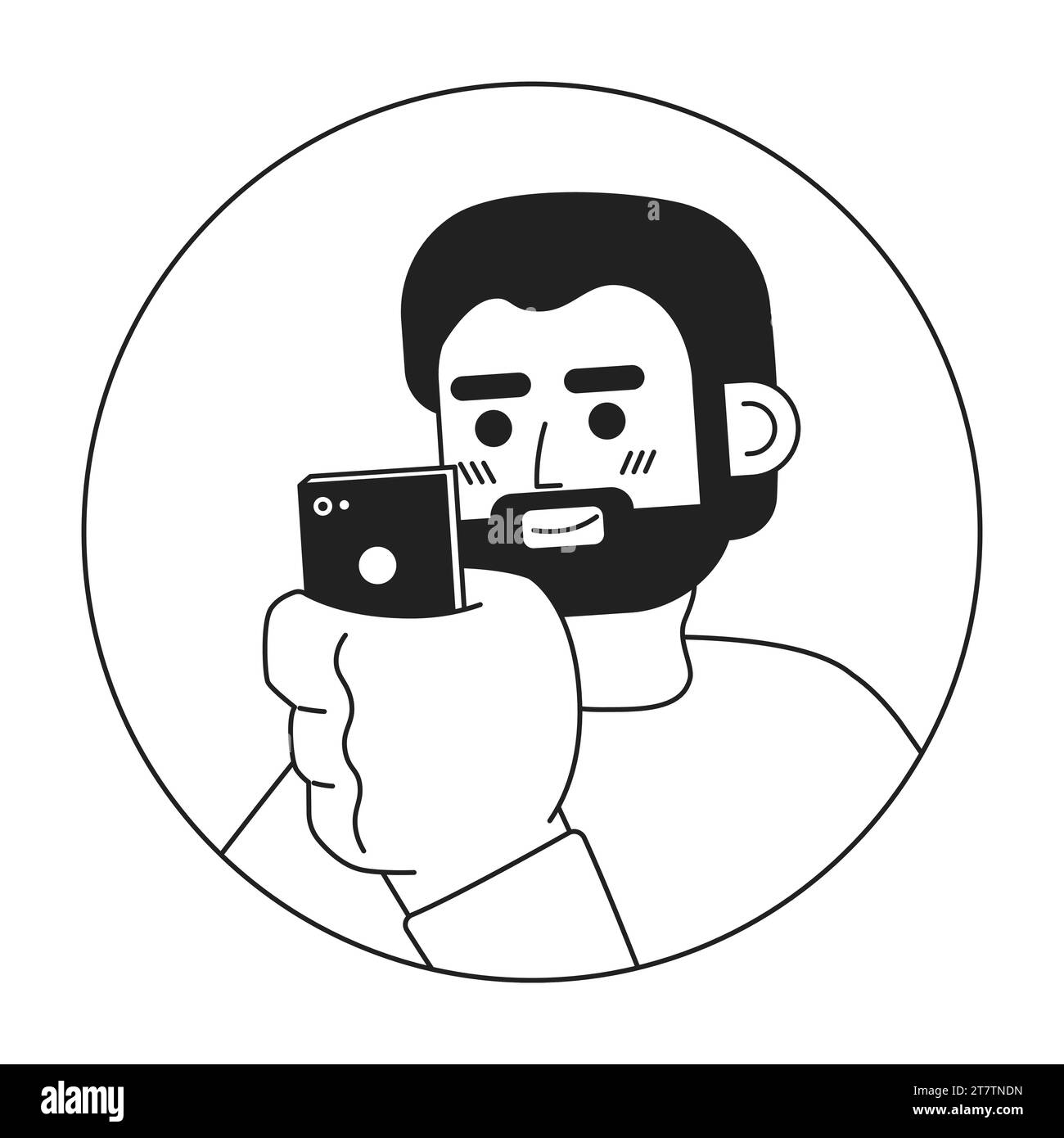Bearded caucasian man looking at phone black and white 2D vector avatar ...