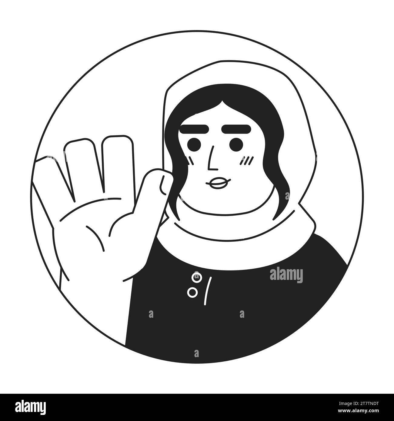 Adult hijab lady saying hi hello black and white 2D vector avatar ...