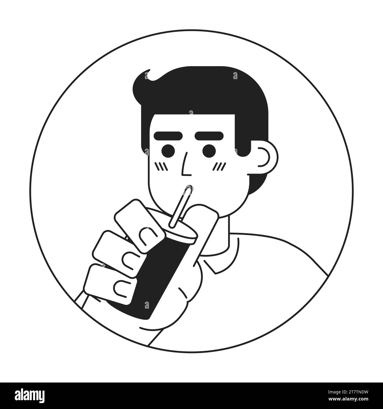 Chilling caucasian guy drinking through straw black and white 2D vector avatar illustration ...