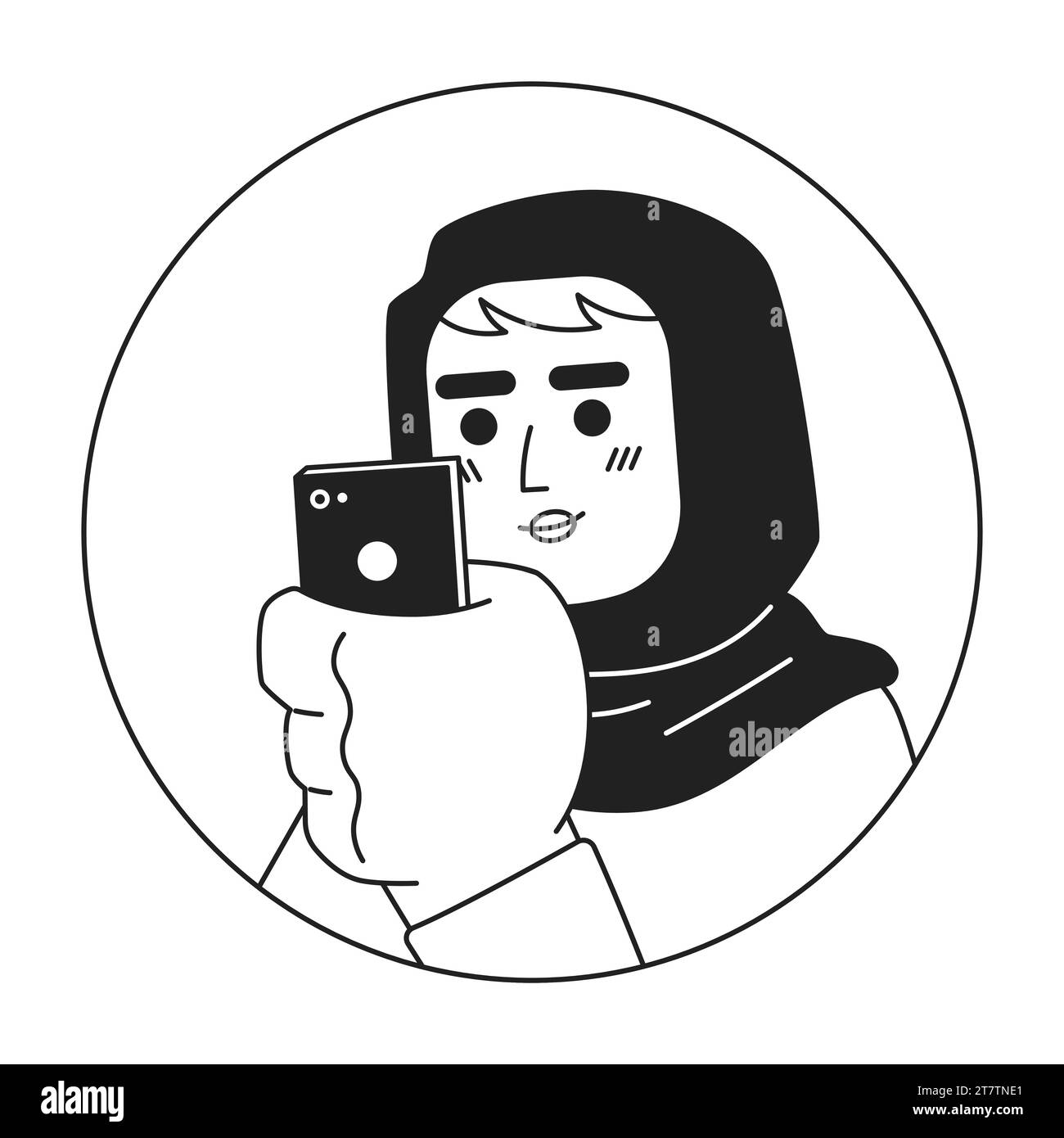 Smartphone woman arab hijab black and white 2D vector avatar ...