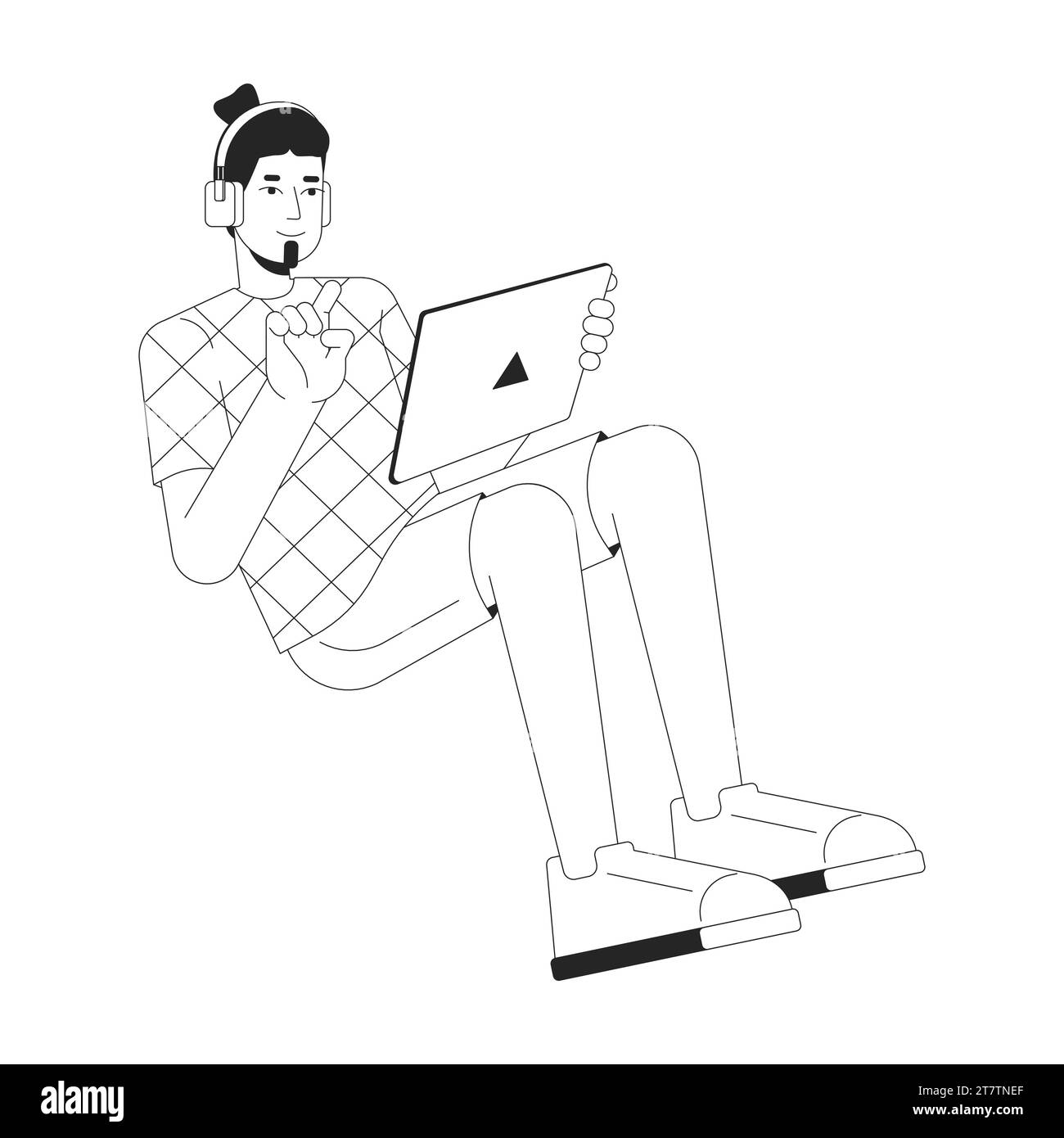 Headphones caucasian man holding tablet black and white 2D line cartoon character Stock Vector ...