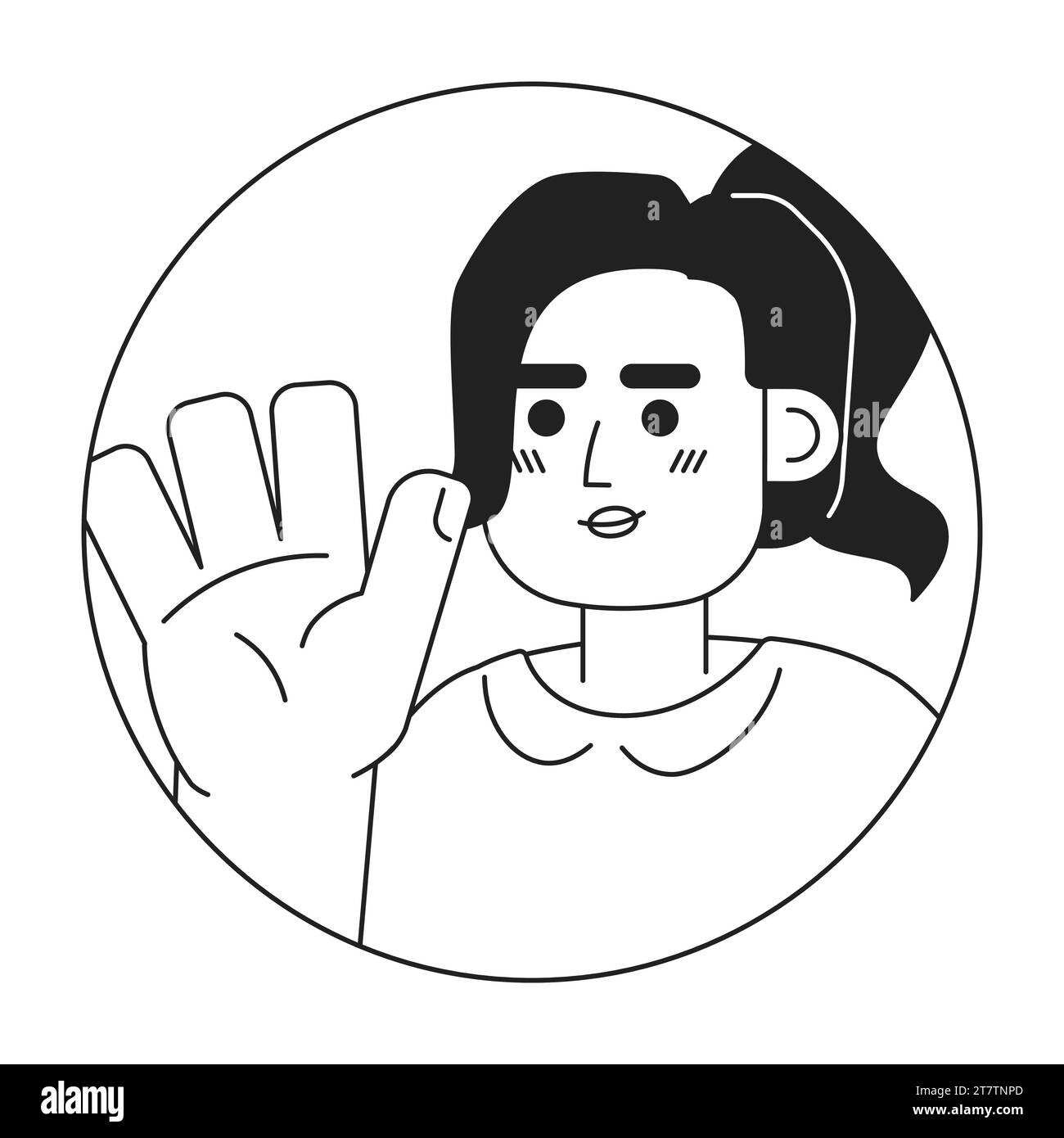 Ponytail caucasian woman saying hi hello black and white 2D vector ...