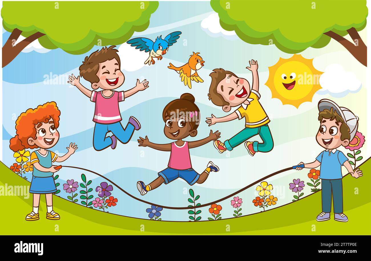 Happy Little Kids Having Fun. vector illustration of cute kids jumping ...