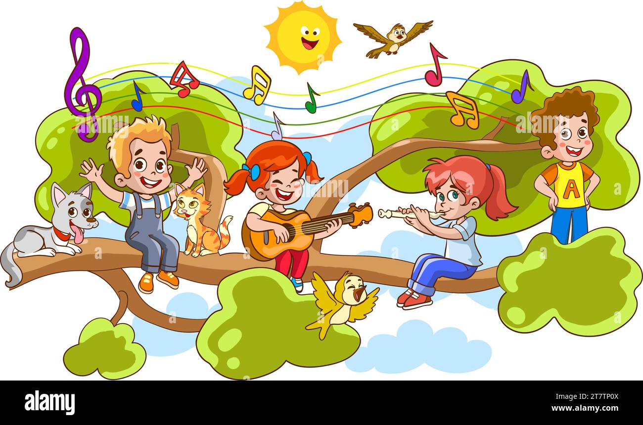 Children hung on a tree branch on sunny day cartoon vector Stock Vector ...