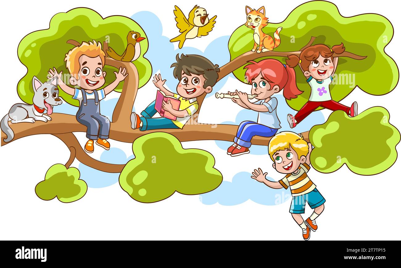 Happy Little Kids Having Fun. vector illustration of cute kids jumping ...