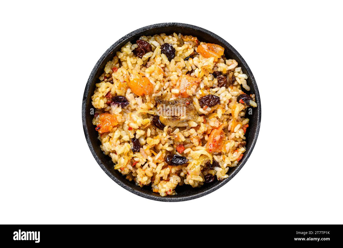 Pilaf in a pan. Central Asian cuisine Plov. Isolated, white background ...
