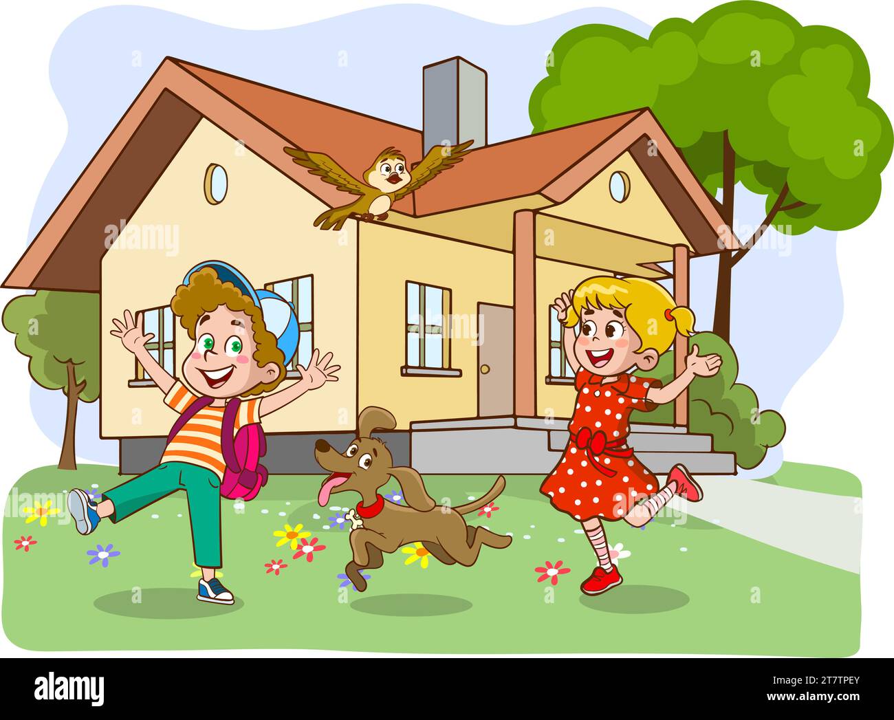 children playing in the garden of the house cartoon vector Stock Vector ...