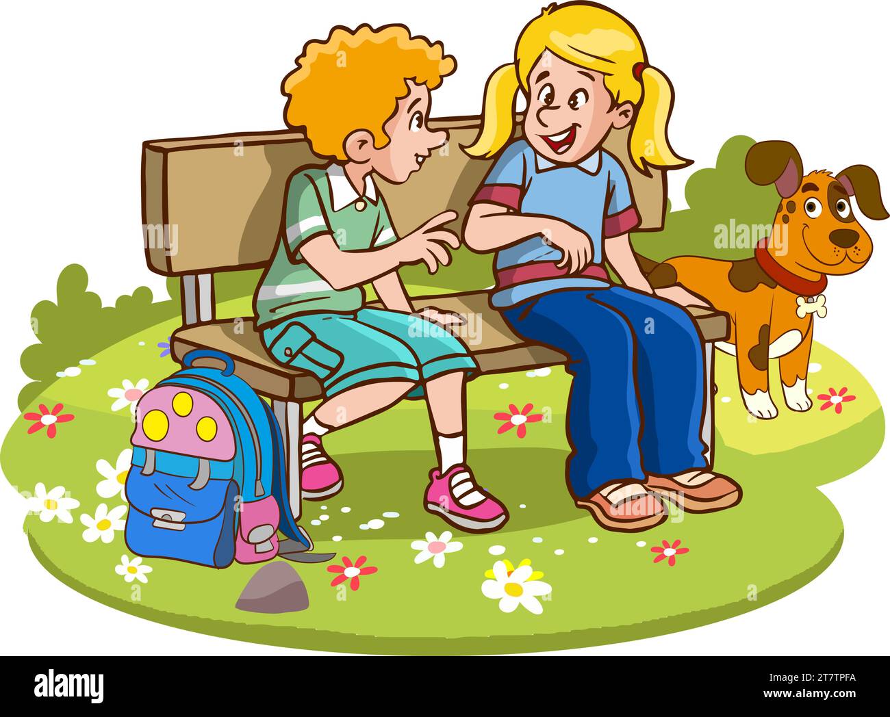 kids sitting on bench and talking cartoon vector Stock Vector Image ...