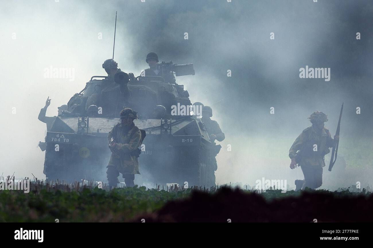 Victory Show. leicester, UK, 2023. Battle scene with soldiers and M18 ...