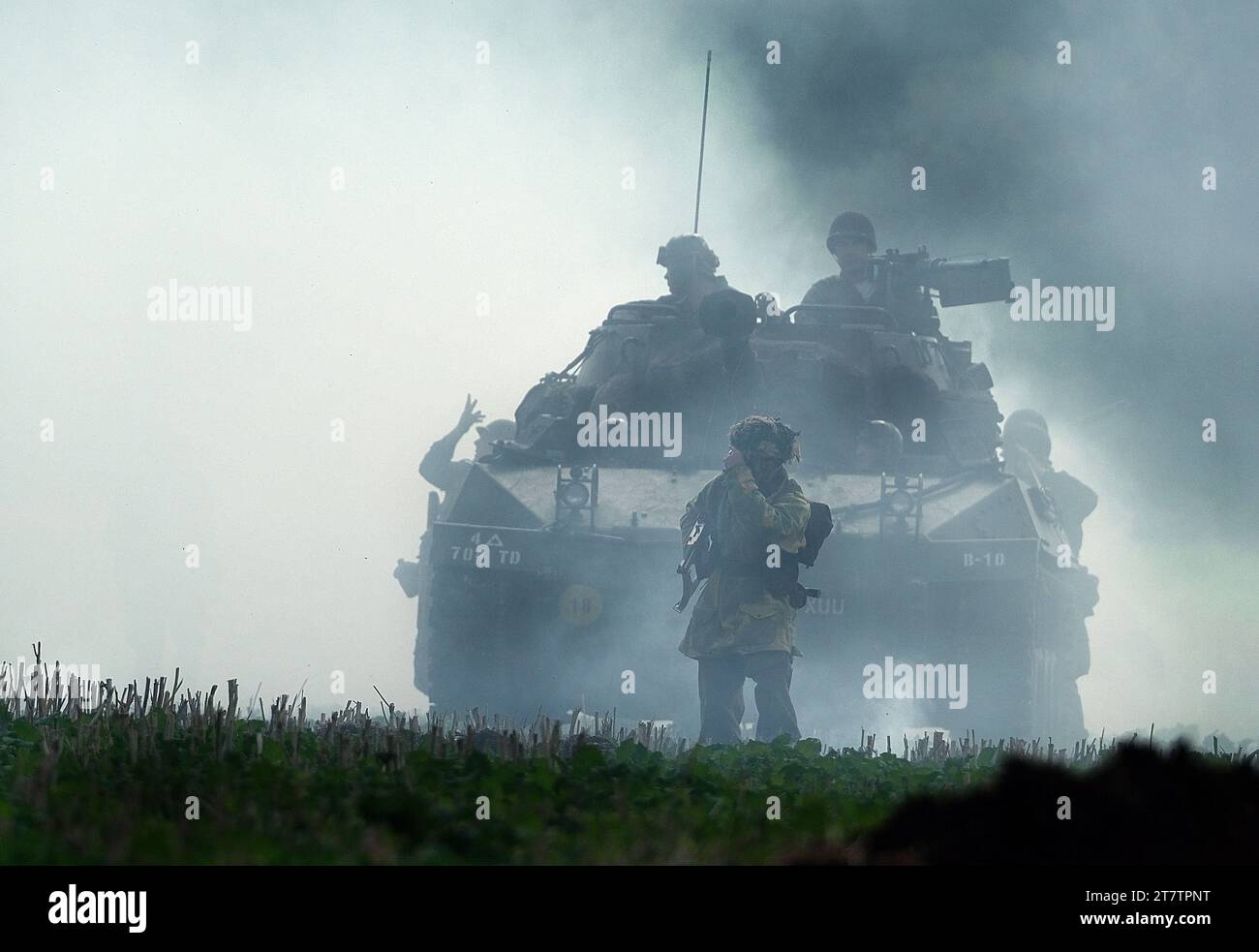 Victory Show. leicester, UK, 2023. Battle scene with soldiers and M18 ...