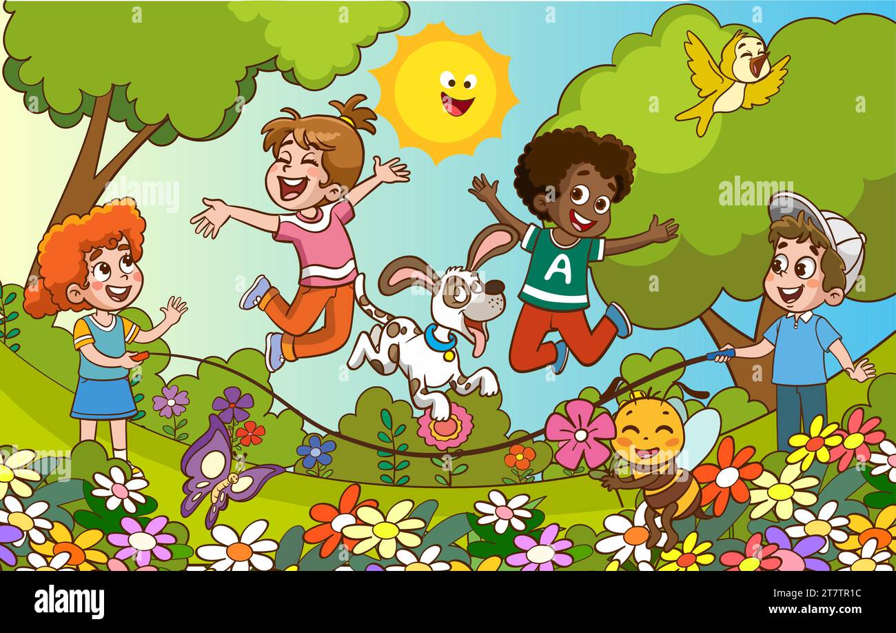 Happy Little Kids Having Fun. vector illustration of cute kids jumping ...