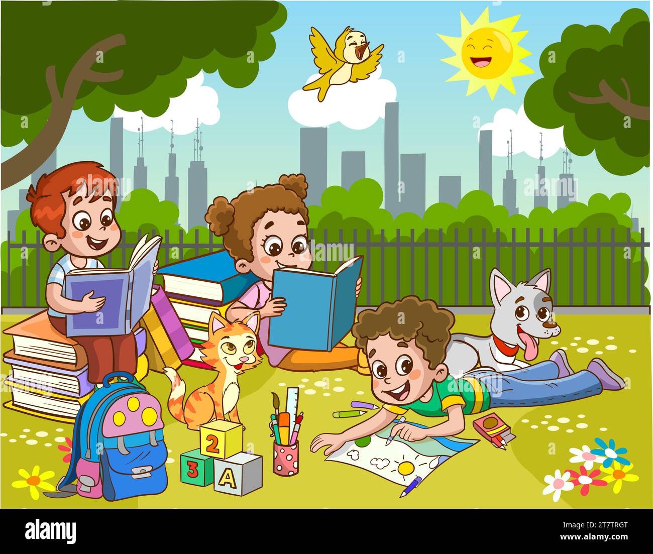 Children learn from books. Boy and girl reading fairy tales together ...