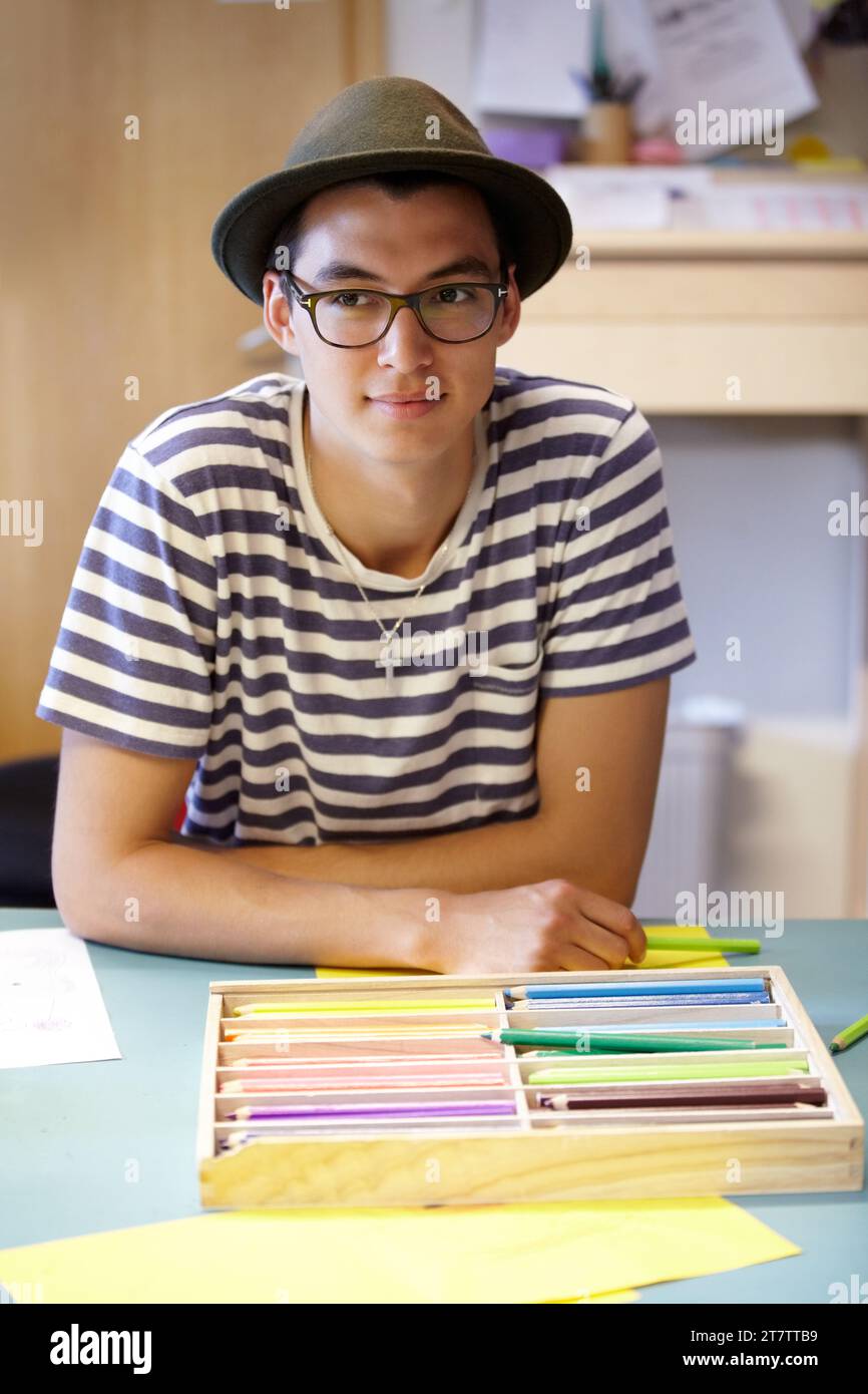 Drawing, teacher and man at table in kindergarten with stationery ...