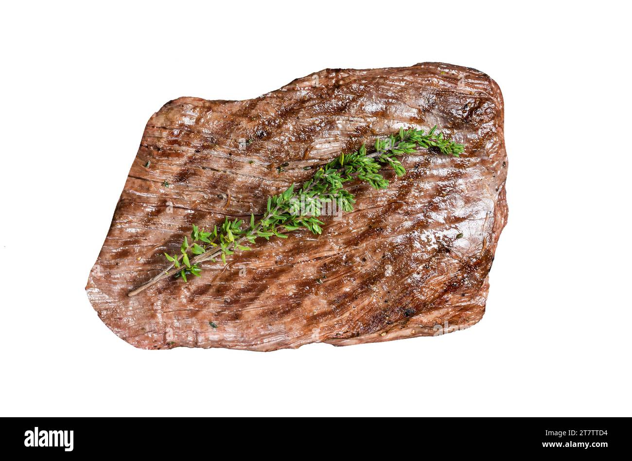 Roasted medium rare flank beef steak with thyme. Isolated, white ...